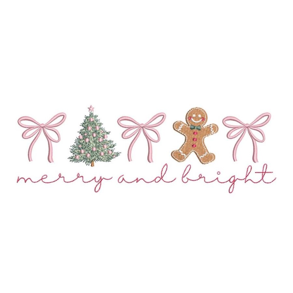 Merry and Bright Christmas Tree Gingerbread & Pink Bows Embroidery ...