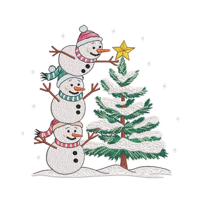 Christmas Tree & Snowmen Embroidery Design, Merry Christmas Digital ...