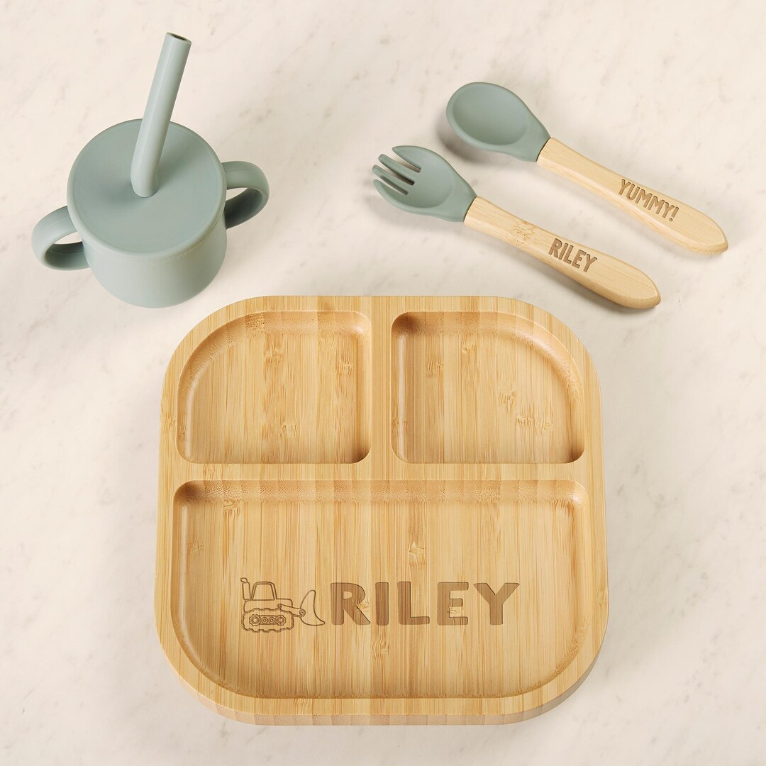 Custom Bamboo Kids Dinnerware Set – Engraved Baby Plate & Cup, Toddler ...
