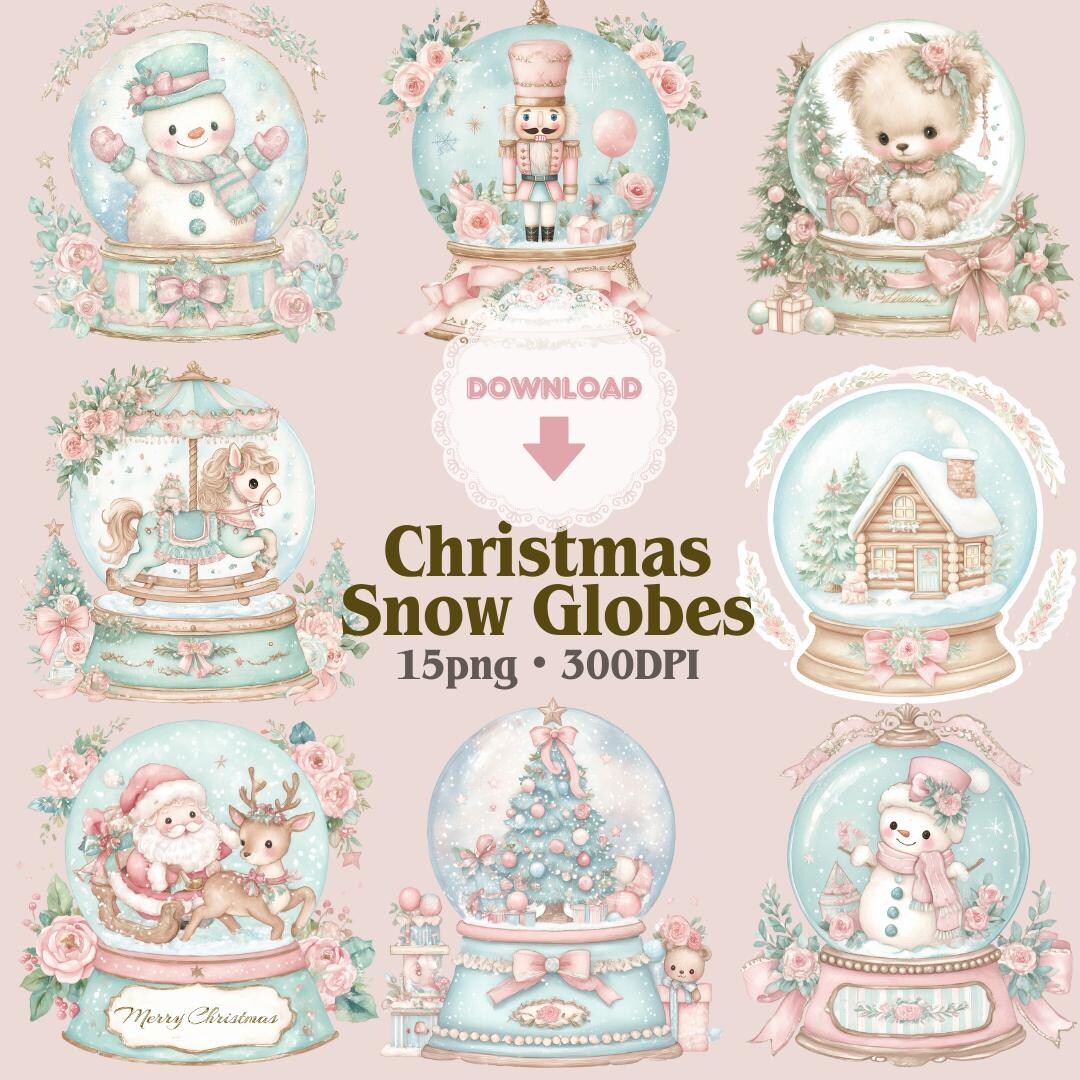 Christmas Snow Globes Clip Art | Vintage Style Watercolor 15 PNG 300DPI ...