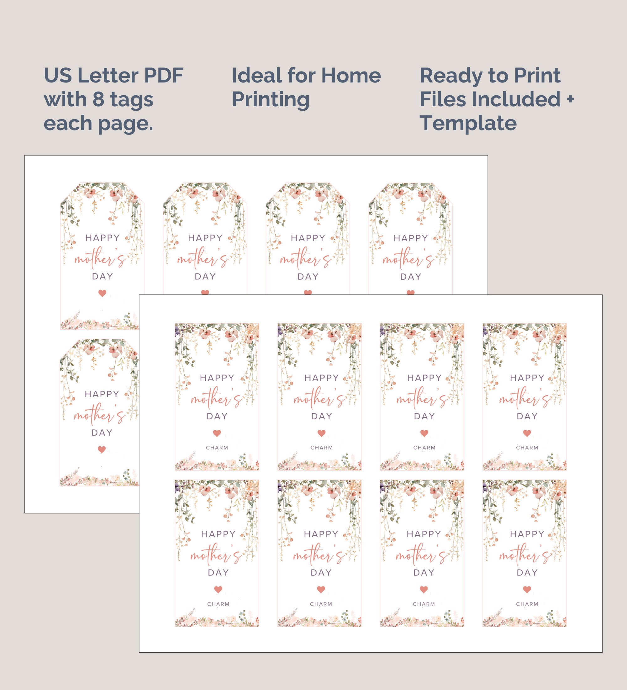 Mothers Day Gift Tag PRINTABLE Happy Mothers Day Tags, Floral Happy ...