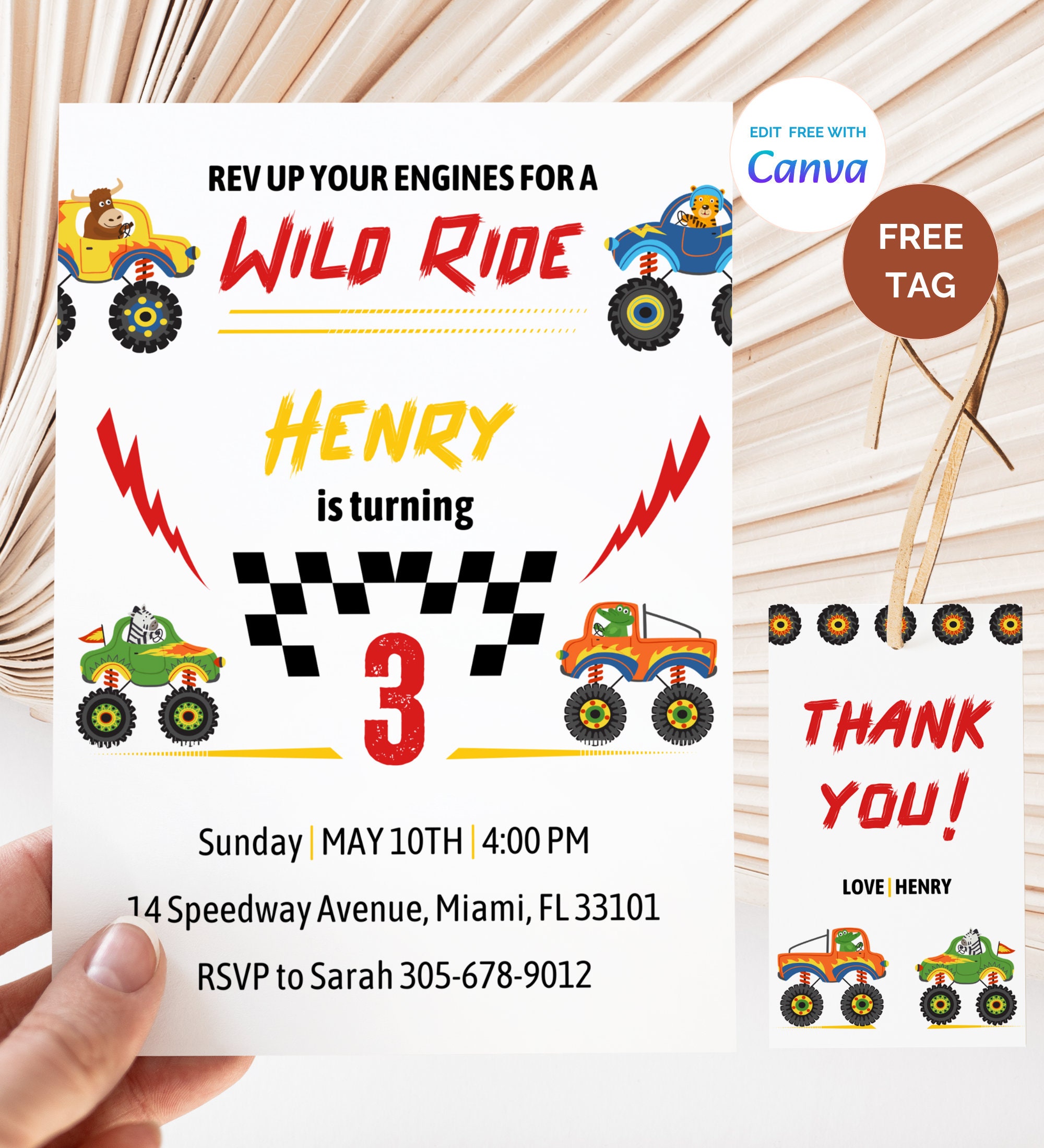 Editable Monster Truck Birthday Invitation Template, Printable Animal ...