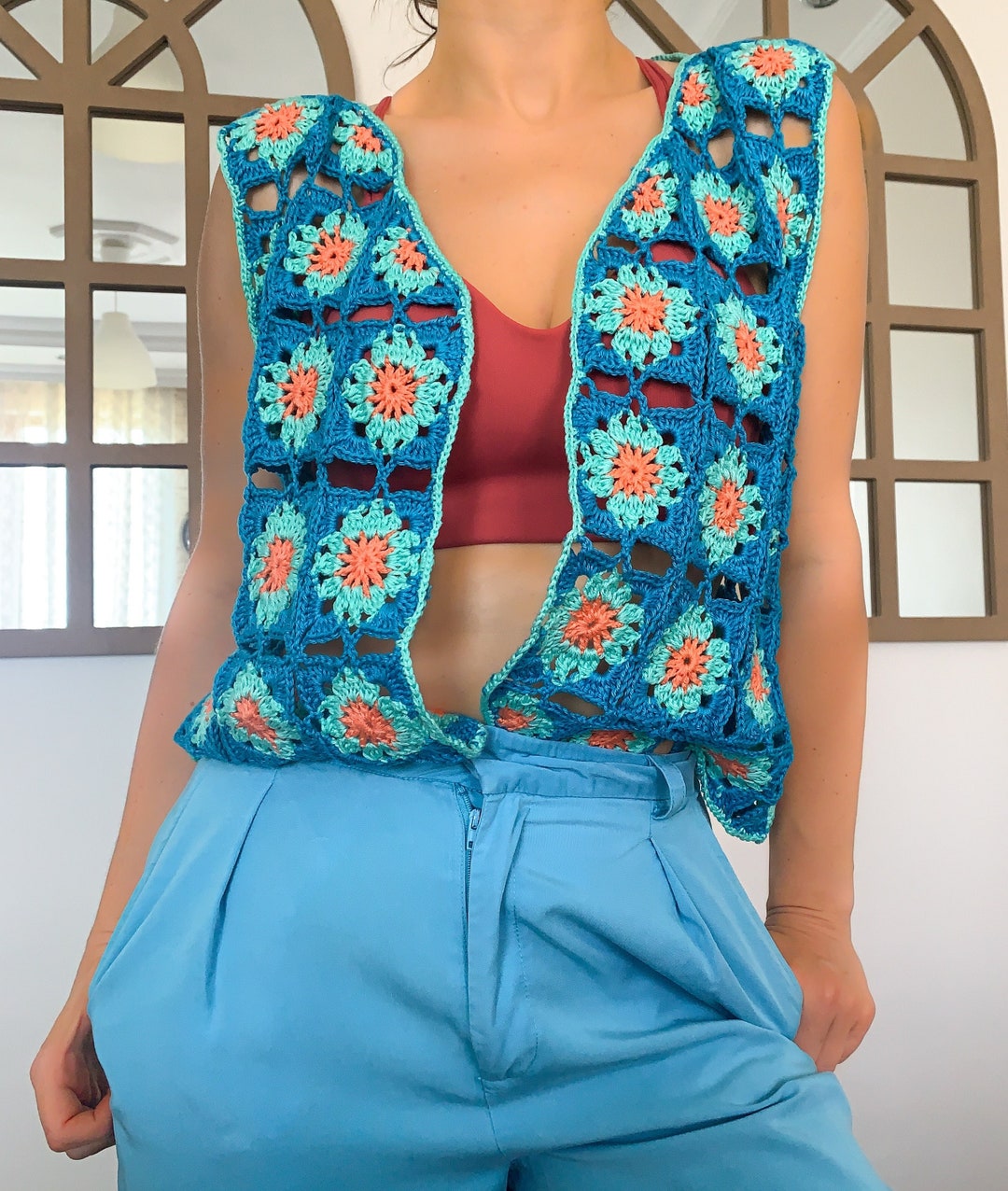 Patchwork Sweater, Granny Square Vest, Handmade Granny Square Floral ...