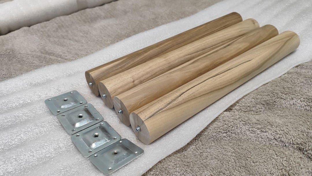 Round Oak Legs Set With Metal Plates | Solid Wood Pillars for Coffee ...