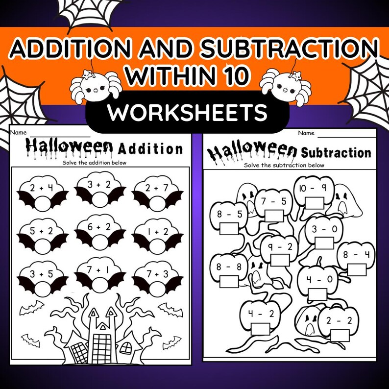 Halloween Math Addition & Subtraction Within 10 Worksheets - Etsy