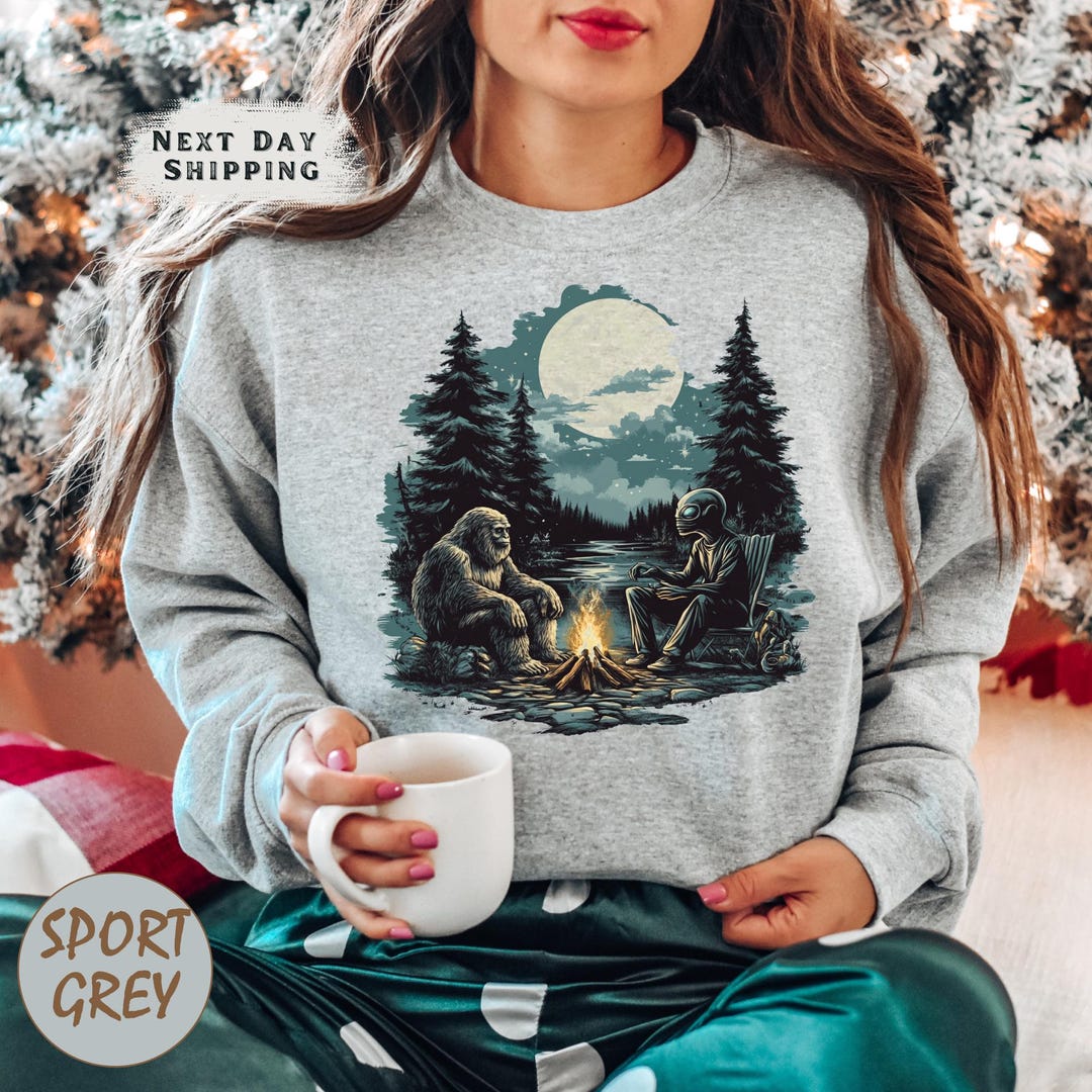 Bigfoot and Alien Outdoor Sweatshirt, Cryptid Design Campfire Sweater ...