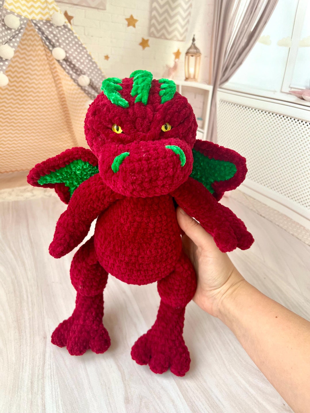 Crochet Fantasy Dragon Plushie With Wings in Burgundy Big Amigurumi Toy ...