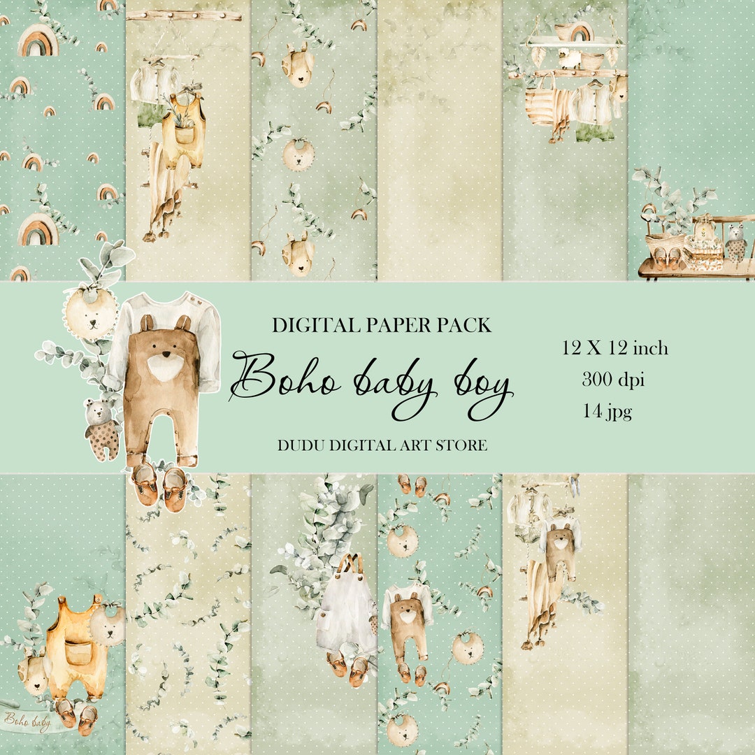 Boho Baby Boy Digital Paper Set, Baby Boy Printable Scrapbook Pack ...