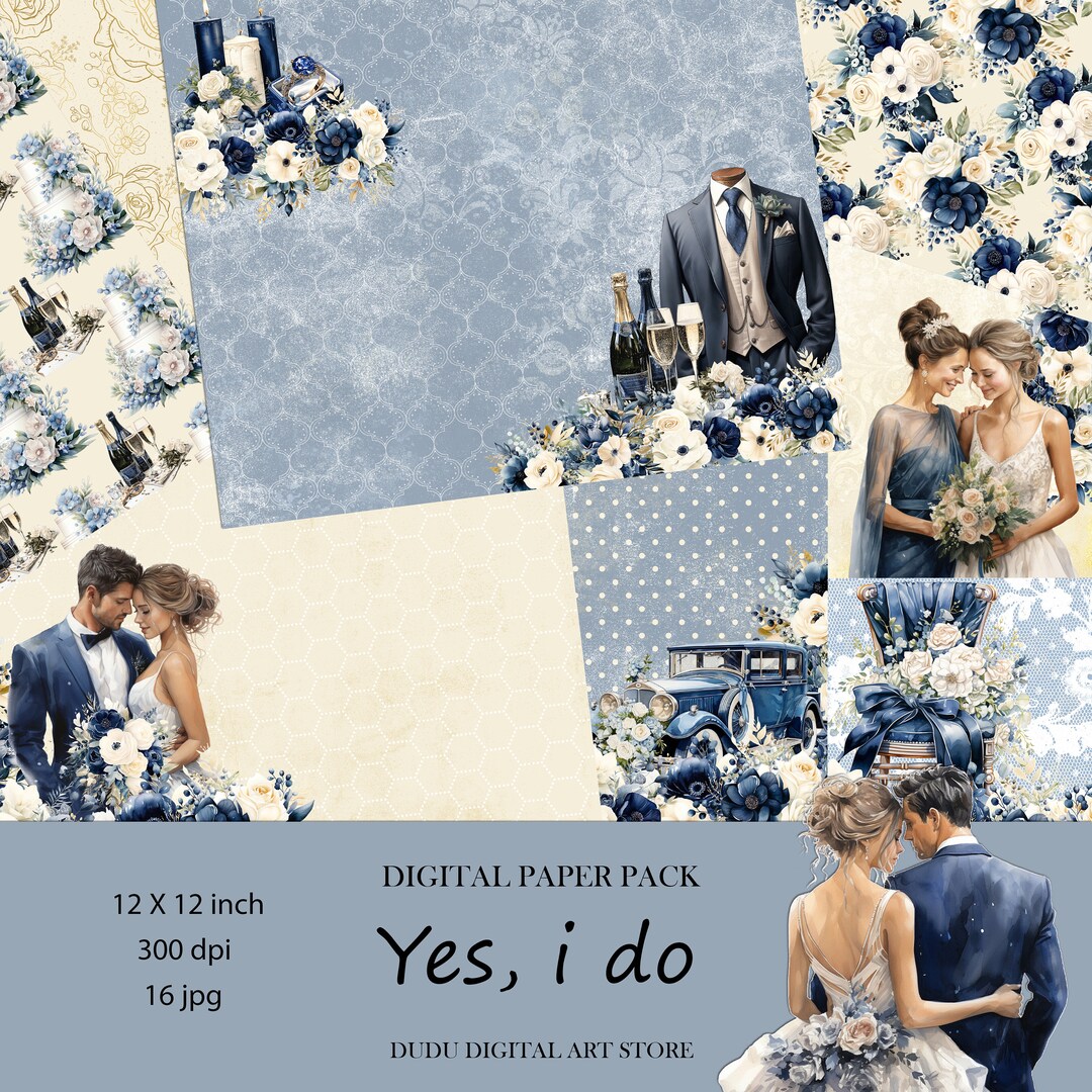 Blue Wedding Paper Set, Bridal Printable Scrapbook Pages, Wedding ...