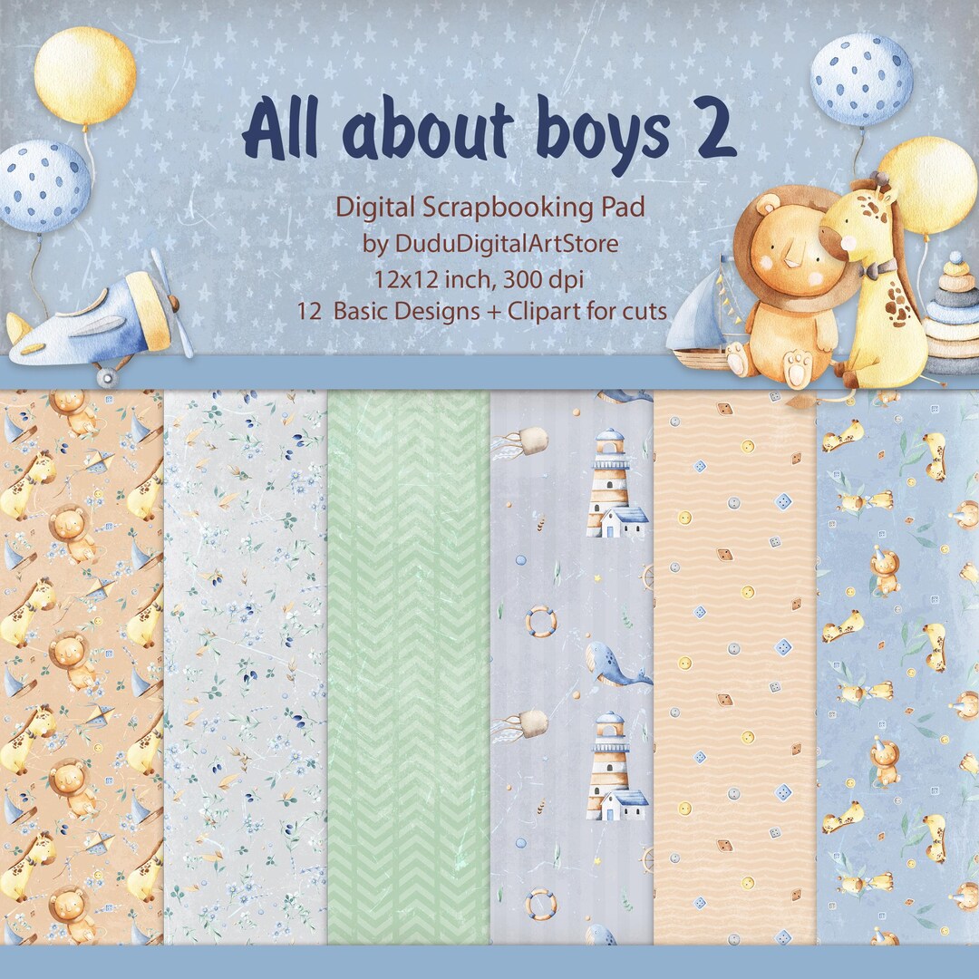 Basic Baby Scrapbook Paper, Charming Animals, Boys Nursery (digital ...