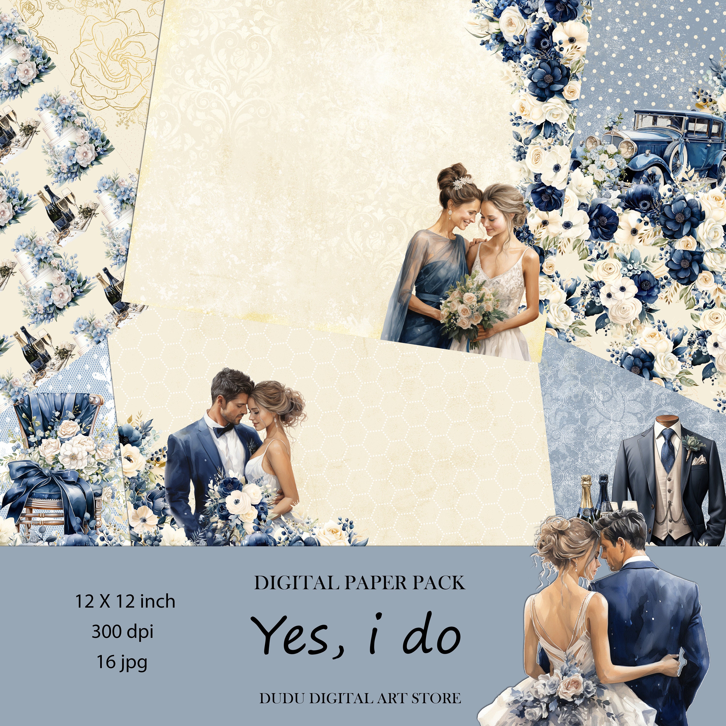 Blue Wedding Paper Set, Bridal Printable Scrapbook Pages, Wedding ...