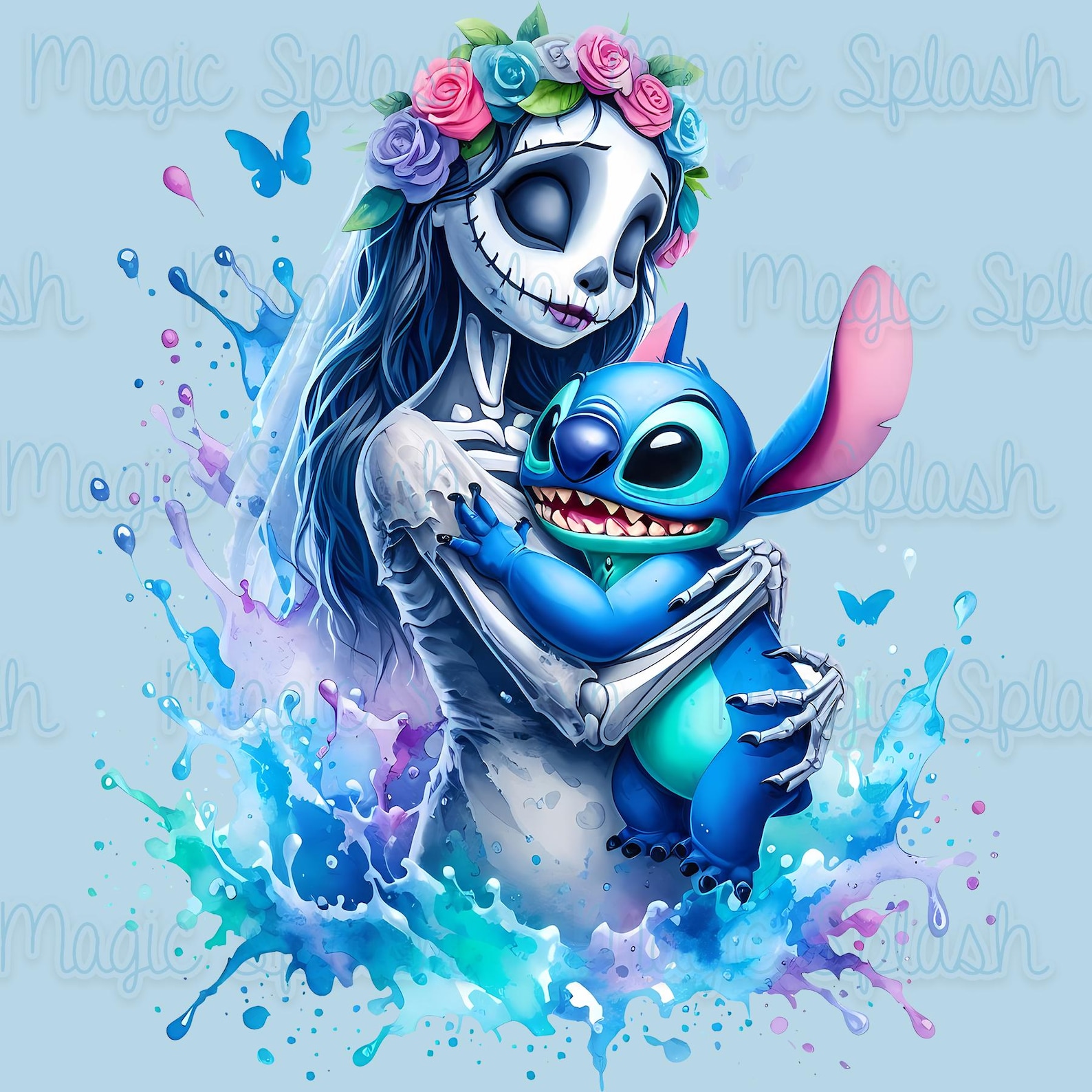 Emily and Stitch Hug PNG: Watercolor Halloween Bride Clipart (digital ...