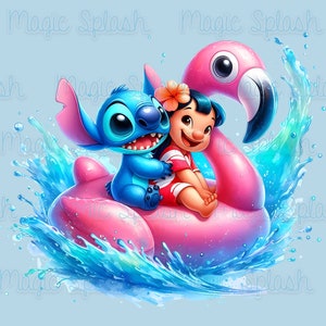 4 Lilo and Stitch Flamingo Floatie Watercolor Splash, Clipart Images ...