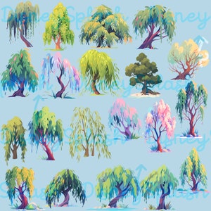 Stylized Willow Trees Clipart Set: Transparent PNG Images (digital ...