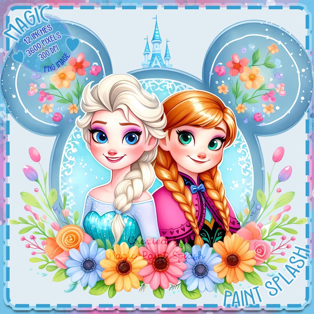 Anna and Elsa Mouse Ear Frame PNG: Watercolor Floral Clipart (digital ...