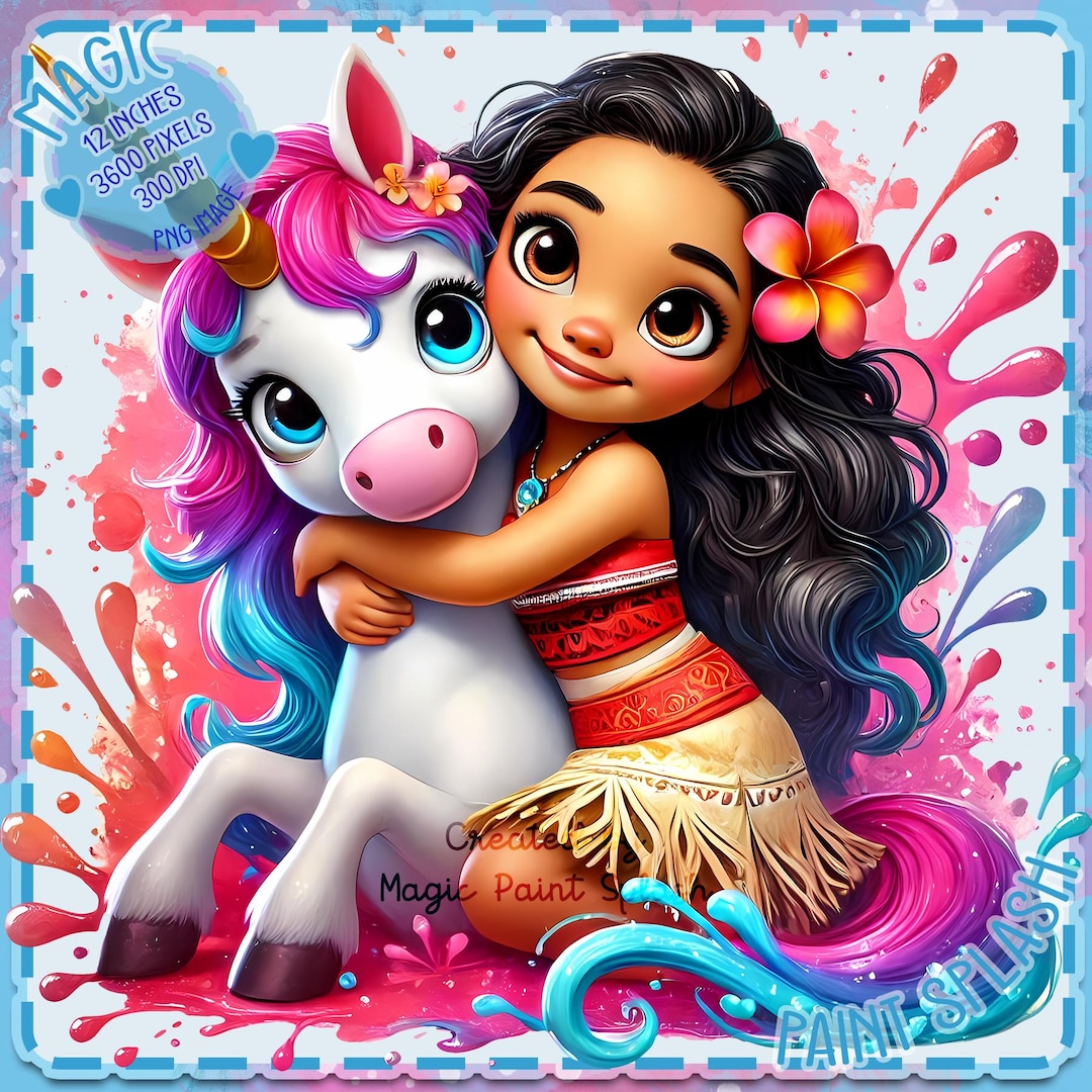 Moana and Unicorn Watercolor Clipart: Rainbow Princess PNG (digital ...