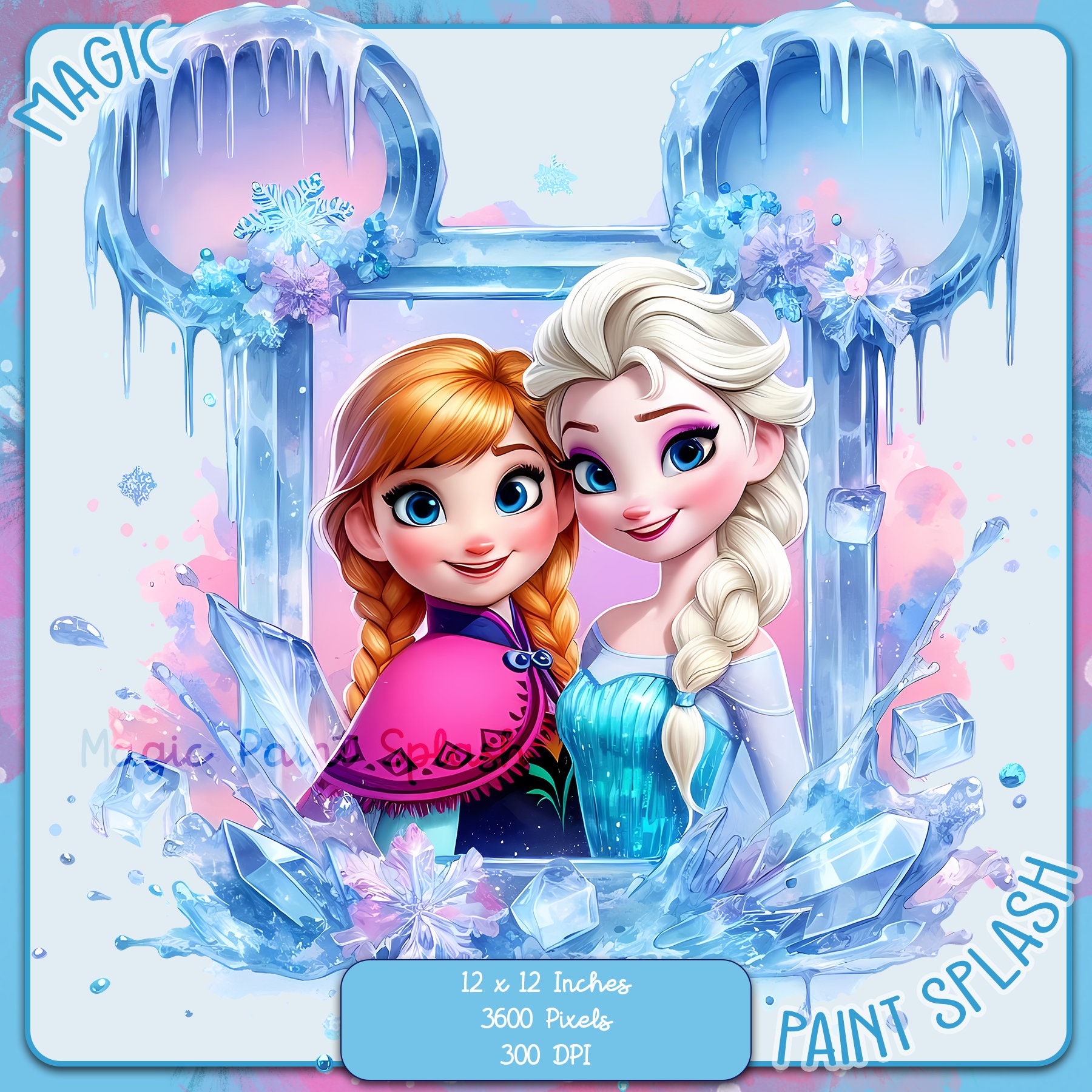 Anna and Elsa Frozen Frame PNG: Watercolor Splash Clipart (digital ...