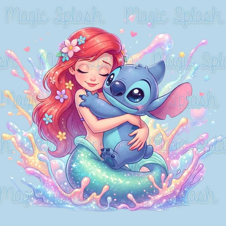 Ariel and Stitch Hug: Watercolor Clipart PNG (digital Download) - Etsy