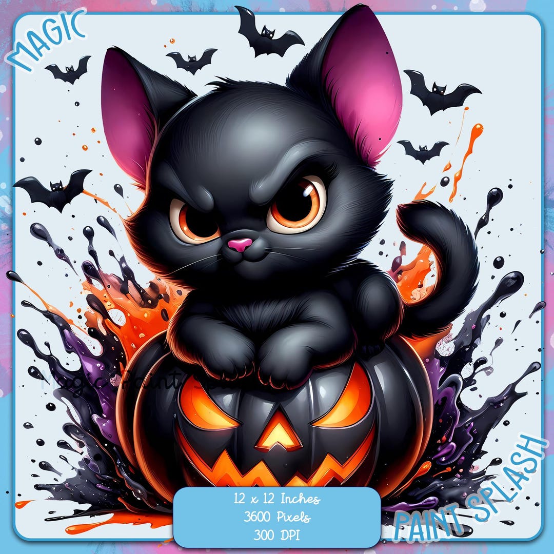 Black Cat Halloween Clipart: Watercolor Kitten PNG (digital Download ...