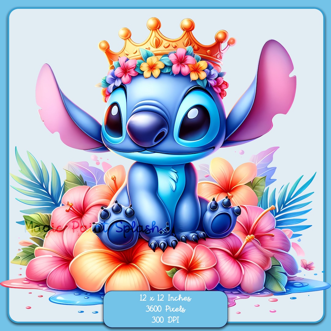 Stitch Floral W/ Crown Watercolor Splash, Clipart Images, Graphics and ...