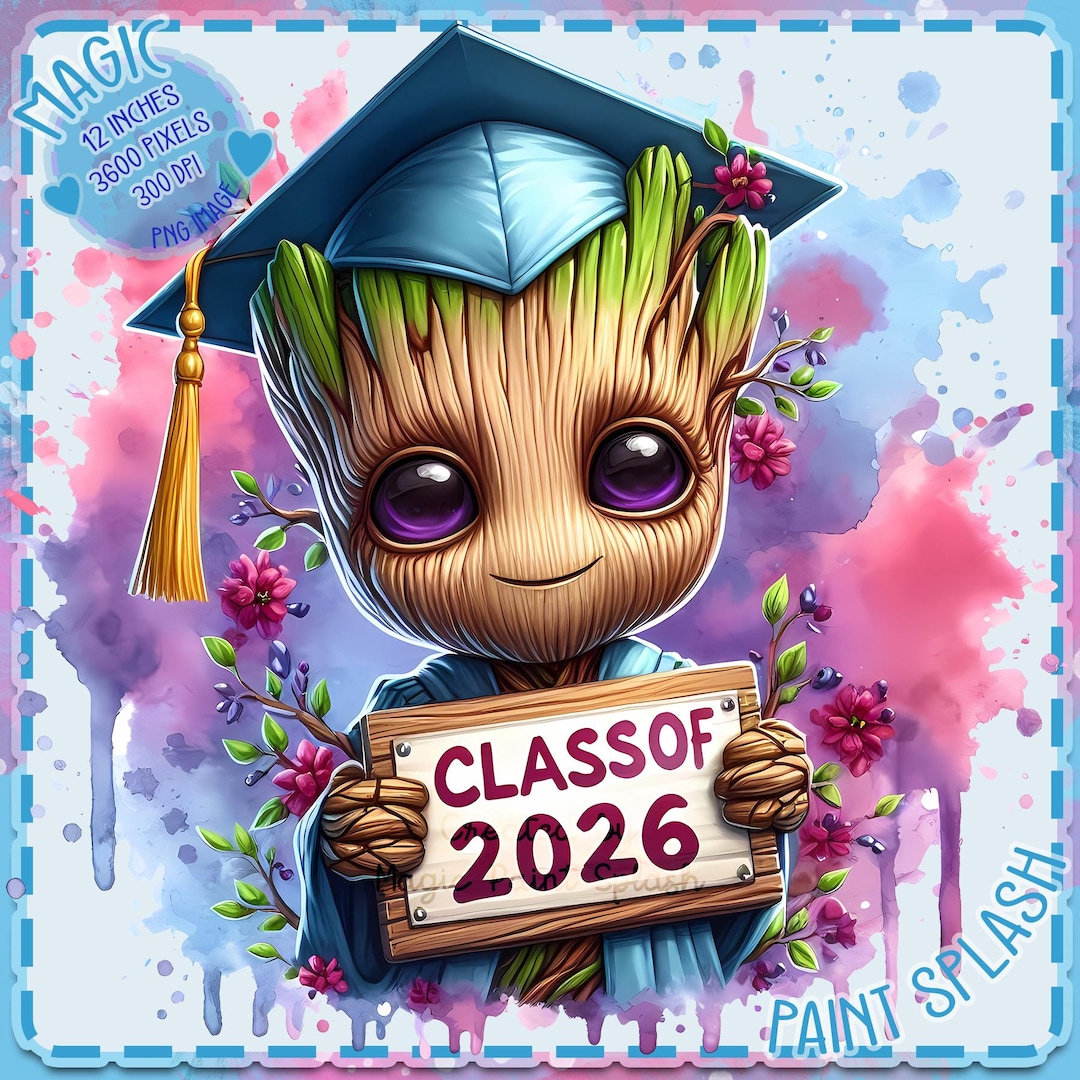 Baby Groot 2026 Graduation Clipart, Watercolor Splash (PNG) - Etsy