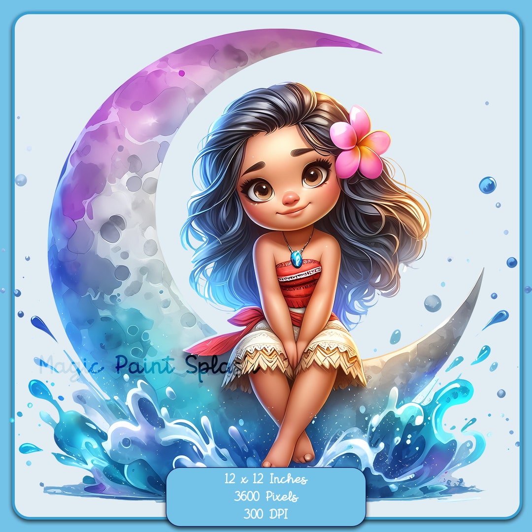 Moana on the Moon Watercolor Clipart: Rainbow Princess PNG (digital ...