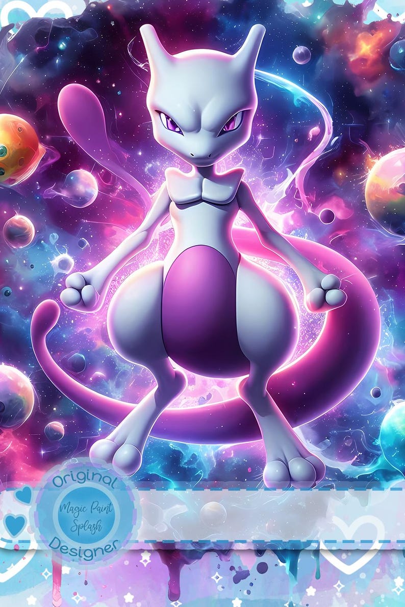 Mewtwo in Space Watercolor Splash PNG, Rainbow Monster Art (digital ...