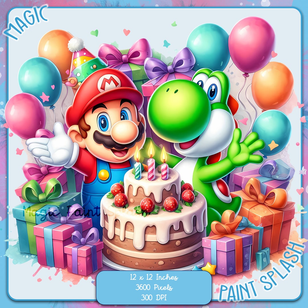Mario and Yoshi Birthday Watercolor Splash, Clipart Images, Graphics ...