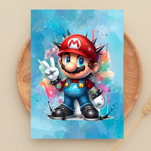 Punk Rock Mario Clipart: Watercolor Splash Gaming Image (PNG Digital ...