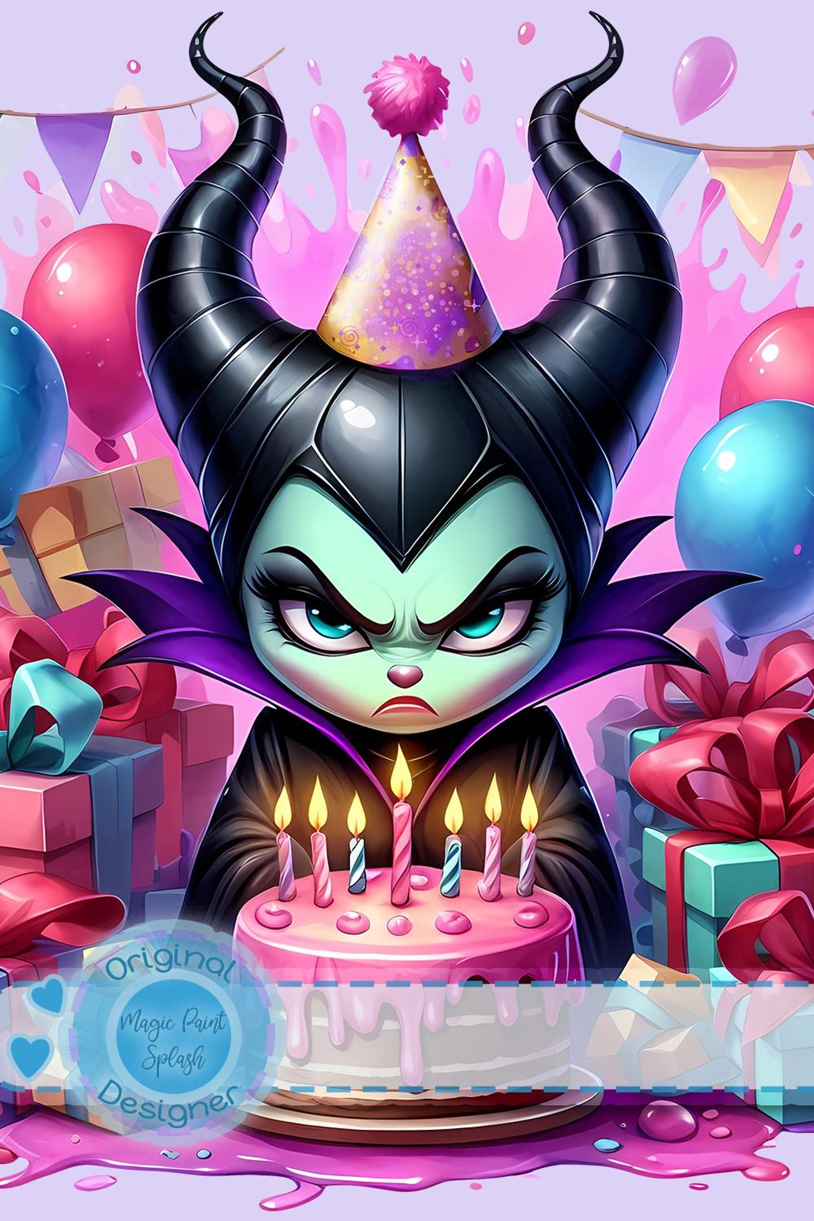Maleficent Birthday Watercolor Splash PNG: Villain Clipart (digital ...