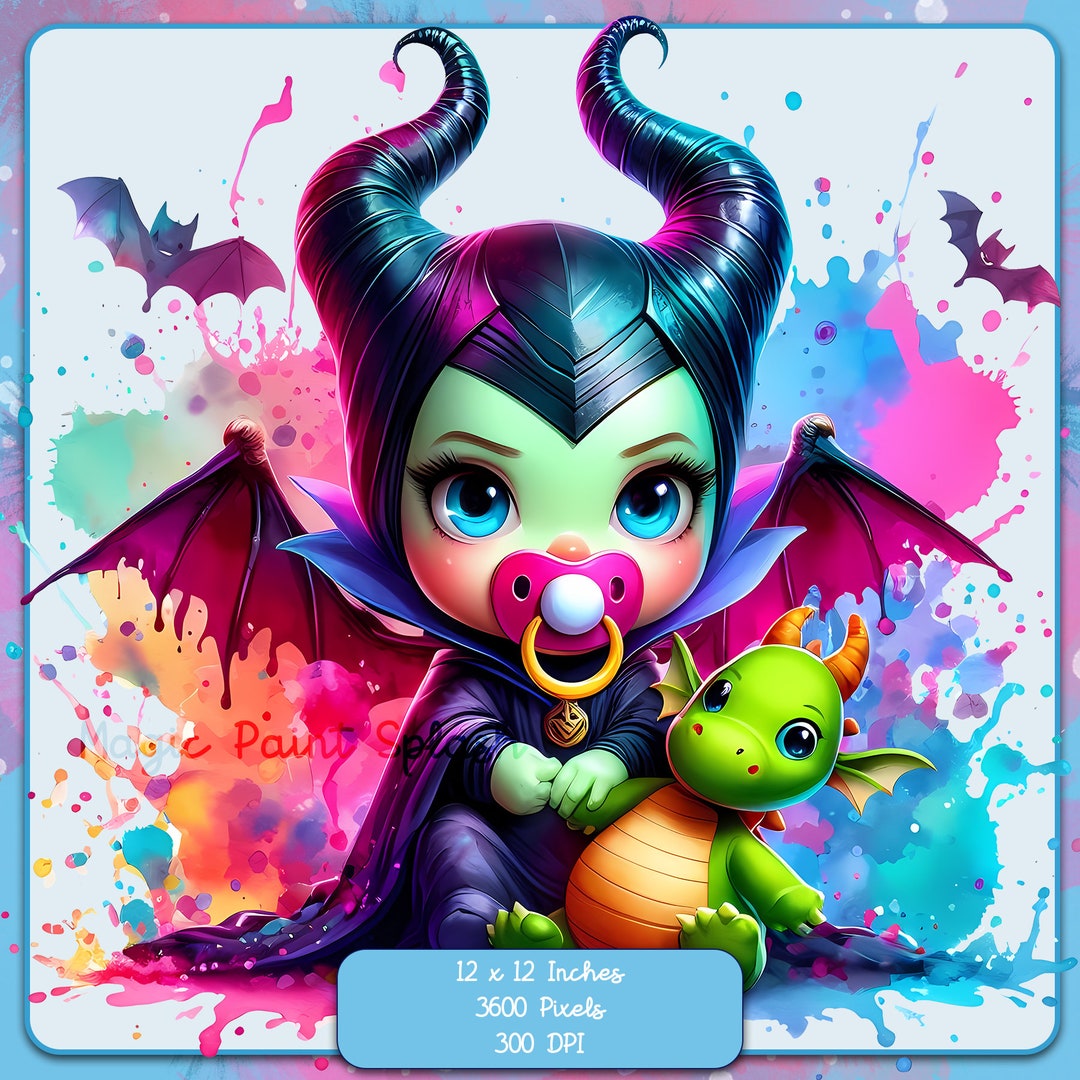 Baby Maleficent Watercolor Clipart: Rainbow Villain PNG (digital ...