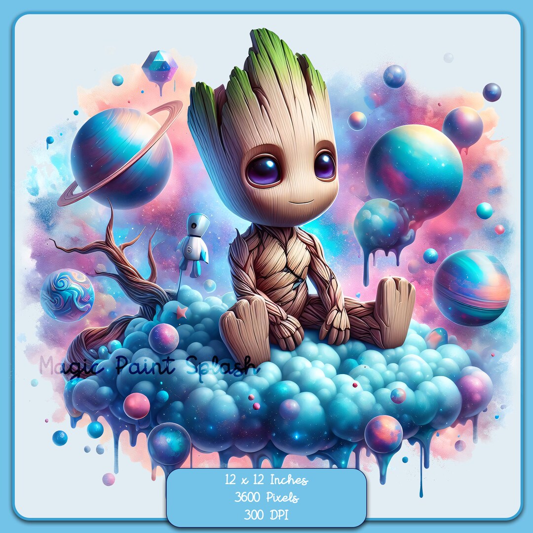 Baby Groot on Cloud Galaxy Watercolor Splash, Clipart Images, Graphics ...