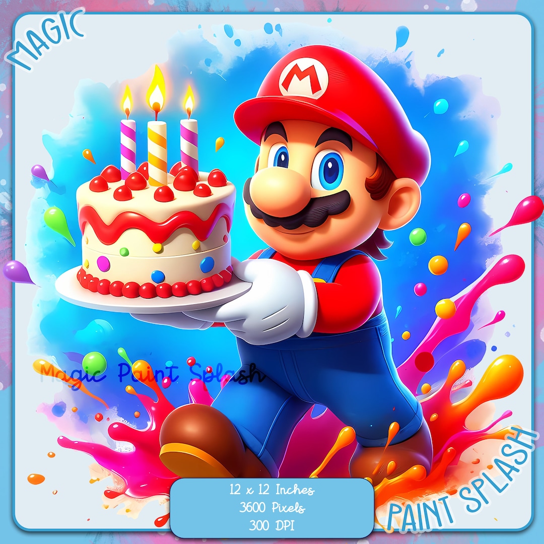 Super Mario Birthday Clipart: Watercolor Splash PNG (digital Download ...