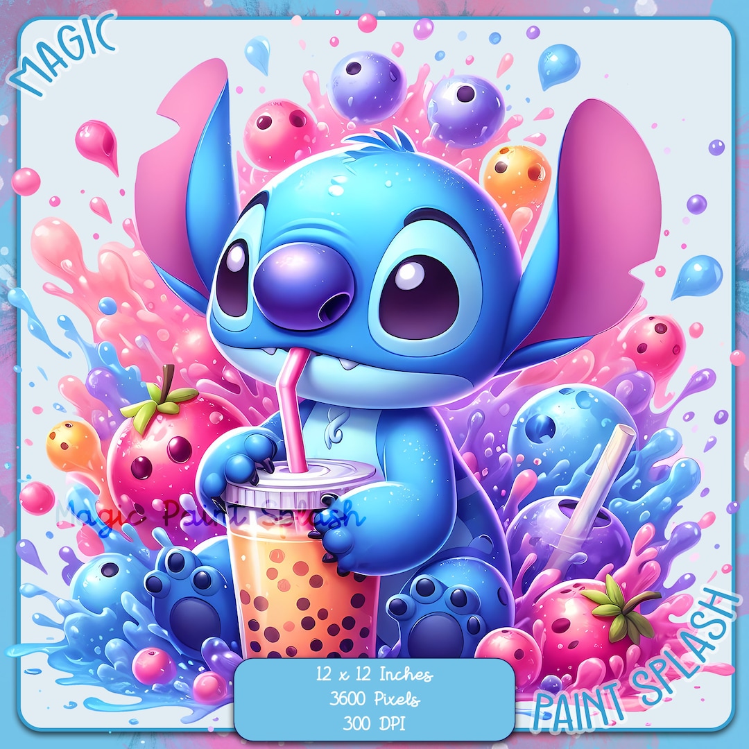 Stitch Drinking Boba Watercolor Splash, Clipart Images, Graphics and ...
