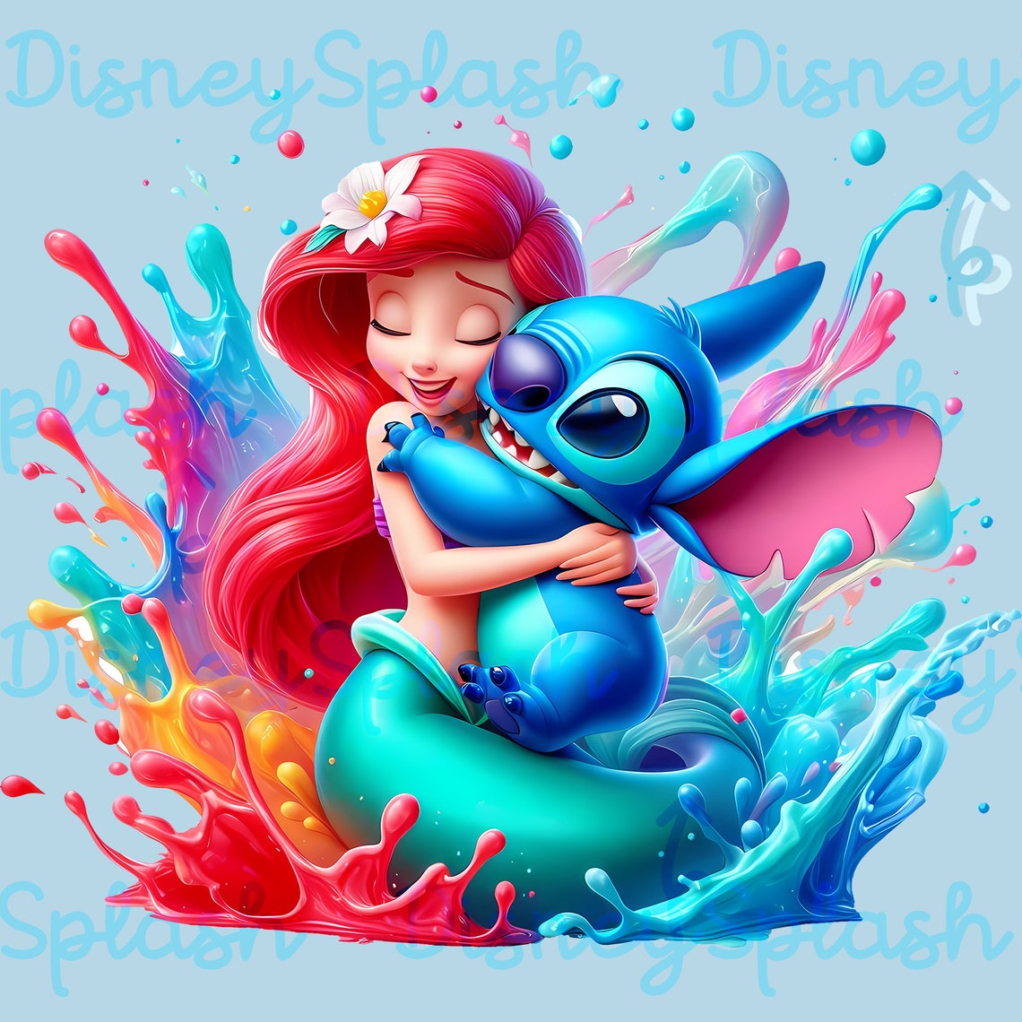 Ariel and Stitch Hug Clipart: Watercolor Splash PNG (digital Download ...