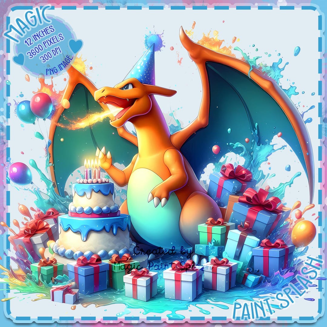 Charizard Birthday Party PNG: Watercolor Splash Art (digital Download ...
