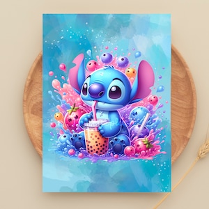 Stitch Drinking Boba Clipart: Rainbow Watercolor Splash (PNG) - Etsy