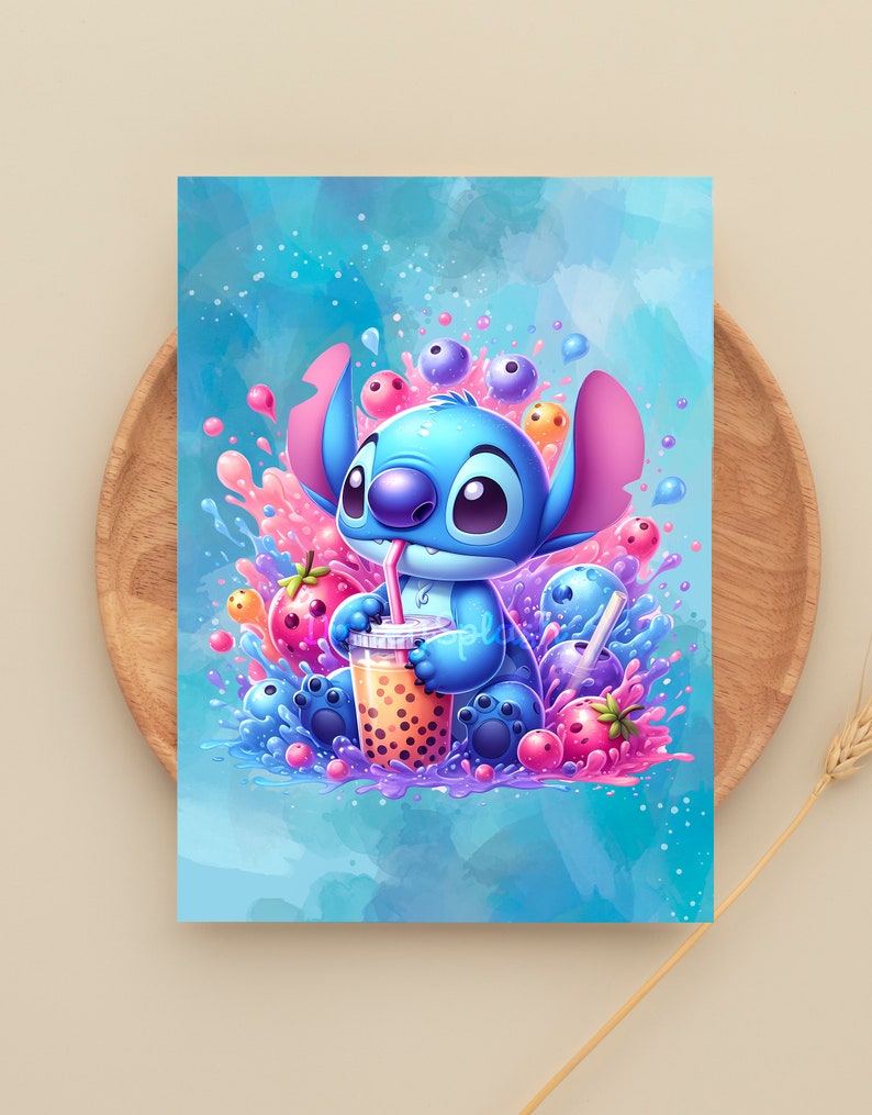 Stitch Drinking Boba Clipart: Rainbow Watercolor Splash (PNG) - Etsy
