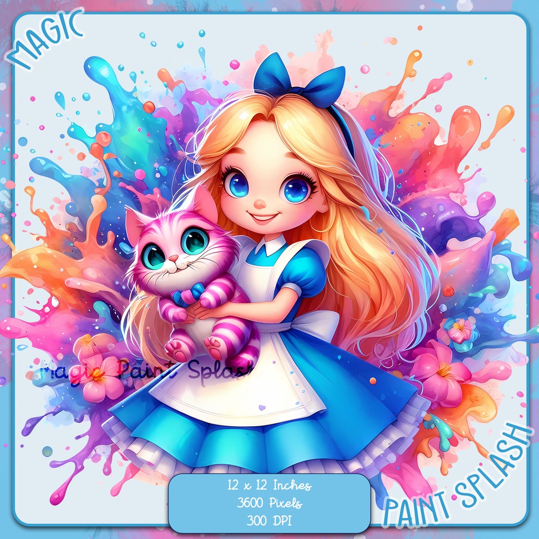 Alice and Cheshire Cat Watercolor Splash PNG: Rainbow Art (digital ...