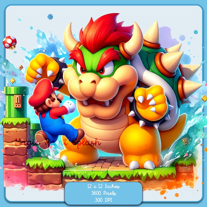 Mario Vs Bowser Clipart: Watercolor Gaming PNG Image (digital Download ...