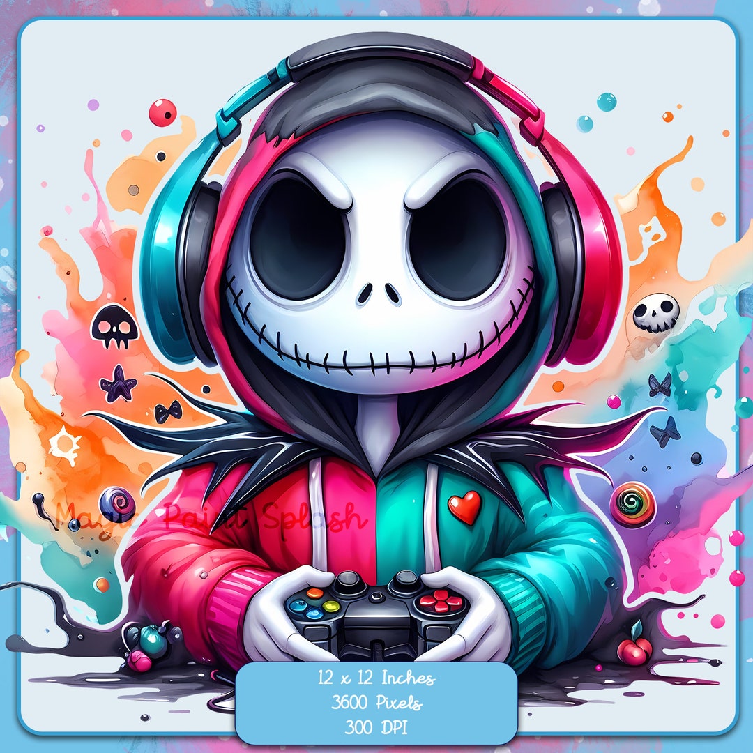 Jack Skellington Gamer Clipart: Watercolor Rainbow PNG (digital ...