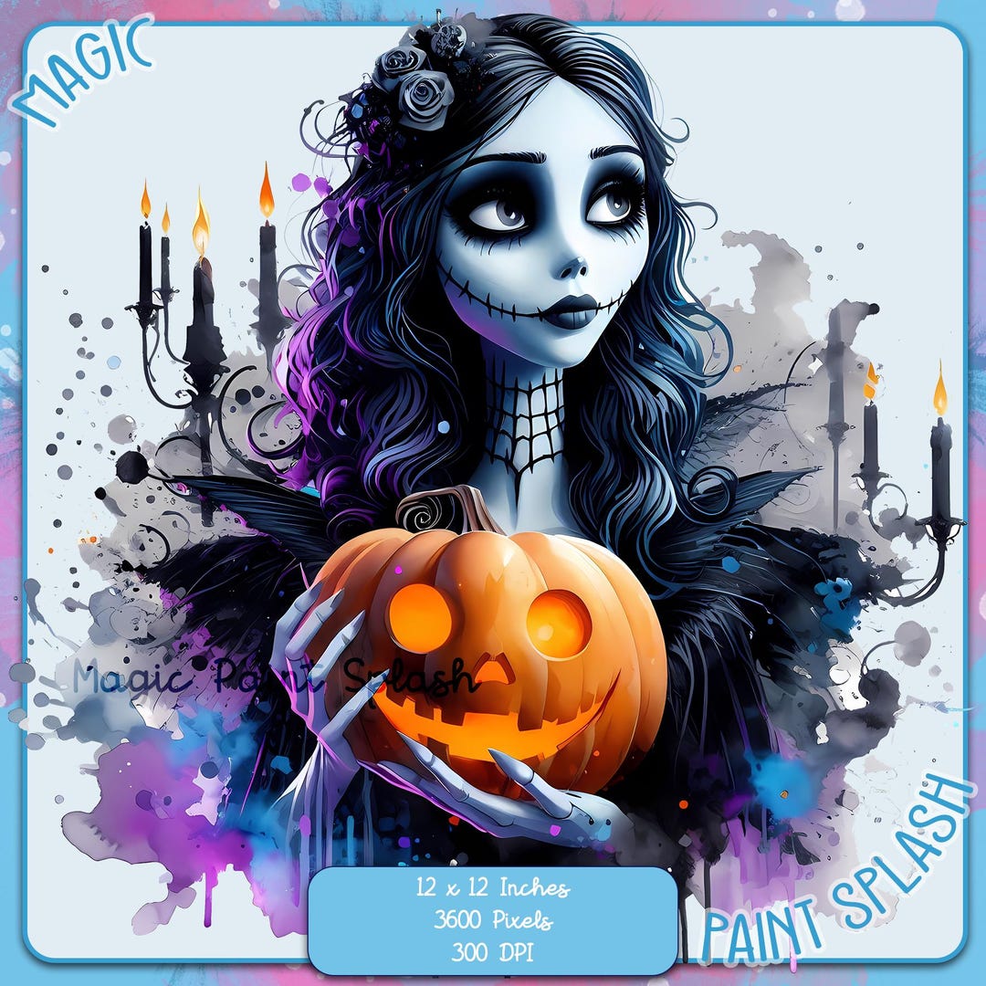 Halloween Emily Corpse Bride PNG: Watercolor Pumpkin Clipart (digital ...