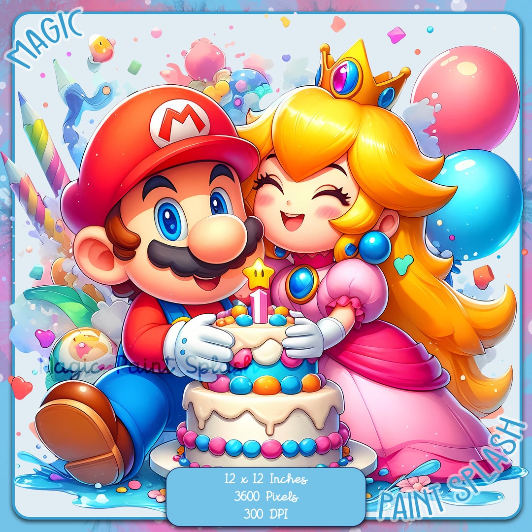 Mario and Peach Birthday Watercolor Splash, Clipart Images, Graphics ...