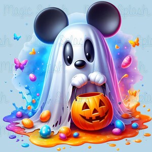 Mickey Ghost Halloween Clipart: Watercolor Splash PNG (digital Download ...