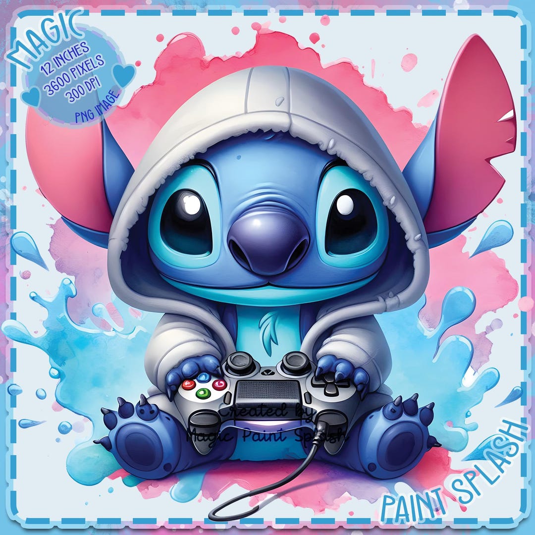 Gamer Stitch Clipart: Watercolor Splash PNG Image (12x12 Inches, 300 ...