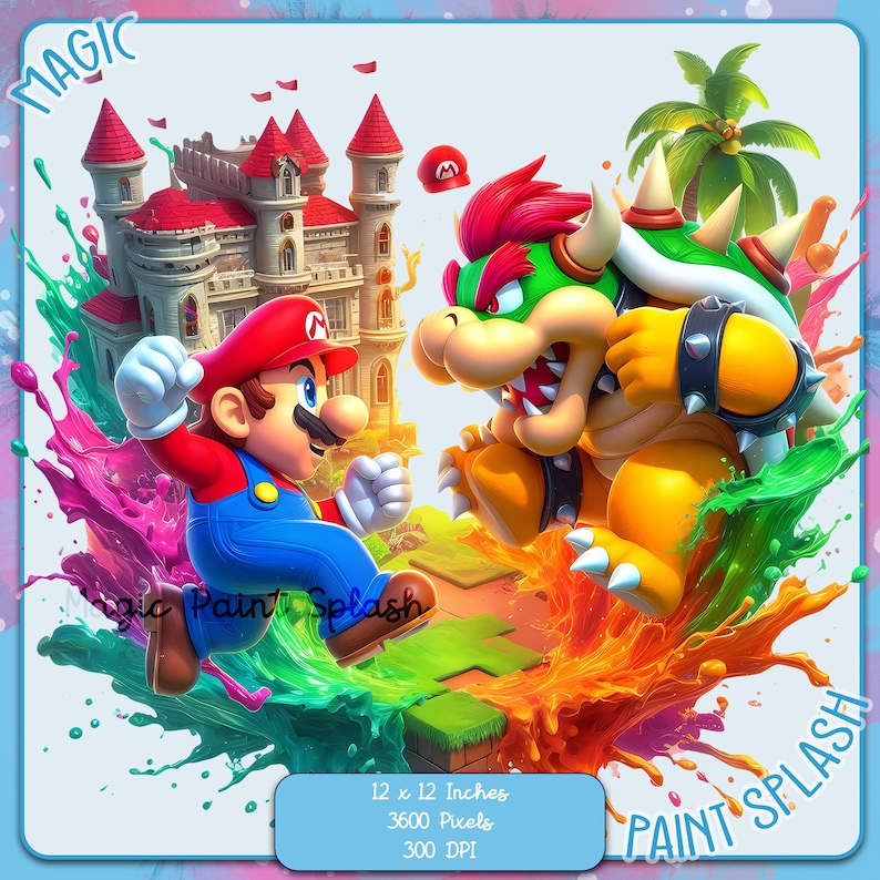 Mario Vs Bowser Clipart: Watercolor Splash PNG Image (digital Download ...