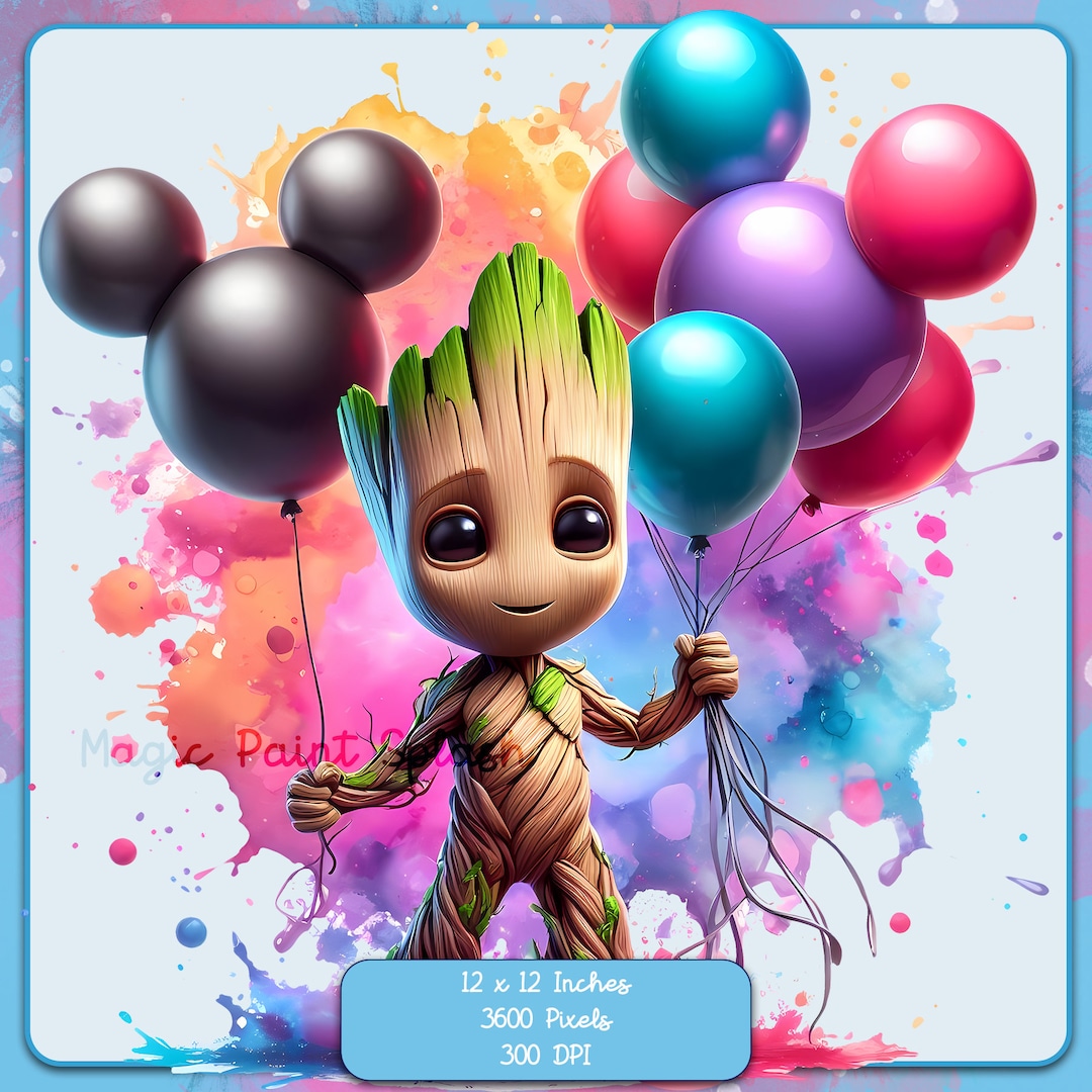 Baby Groot With Mouse Balloons Watercolor Splash, Clipart Images ...
