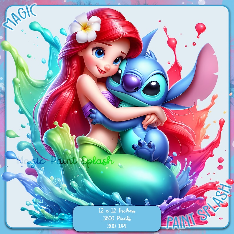 Ariel and Stitch Hug Clipart: Watercolor Splash PNG (digital Download ...