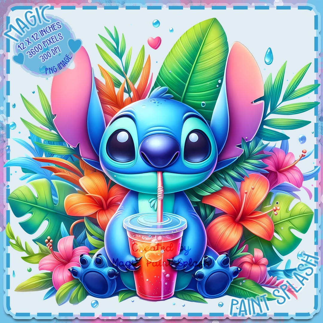 Stitch Floral W/ Drink Watercolor Splash, Clipart Images, Graphics and ...