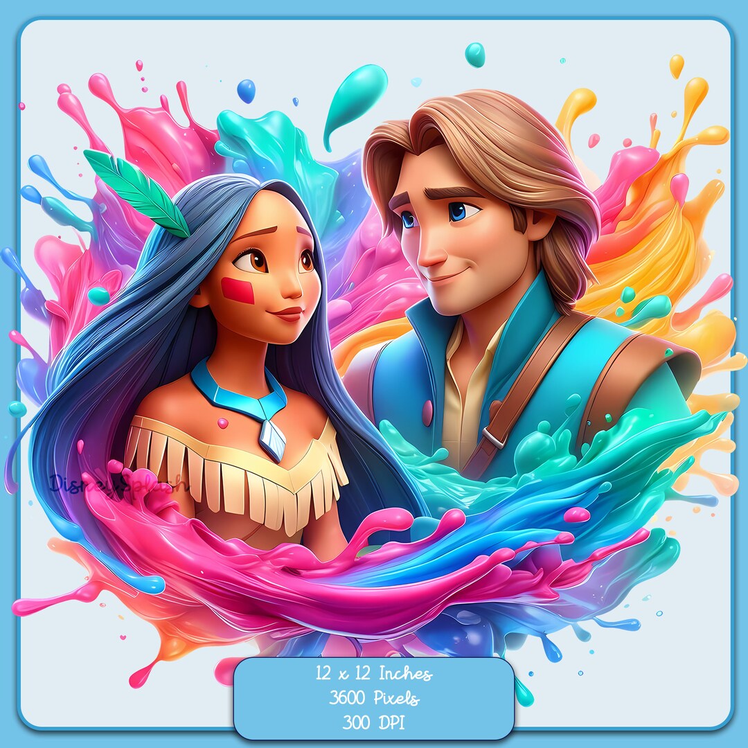Pocahontas and John Smith Clipart: Watercolor Splash PNG (digital ...